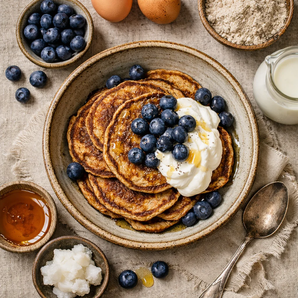 Eiwitrijke pannenkoeken met blauwe bessen voor een krachtig ontbijt ...